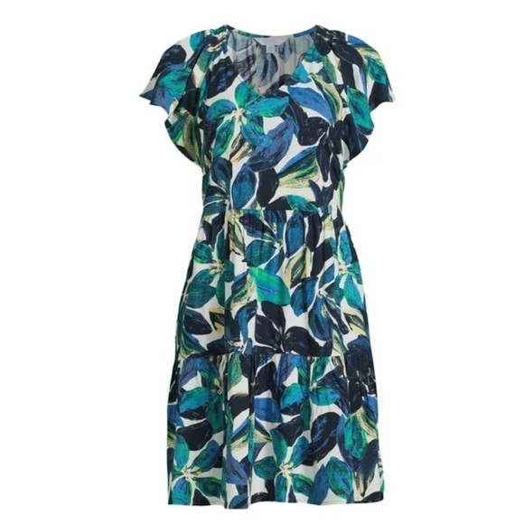 Time and Tru | Dresses | Time And Tru Blue Tropical Print Tiered Dress ...
